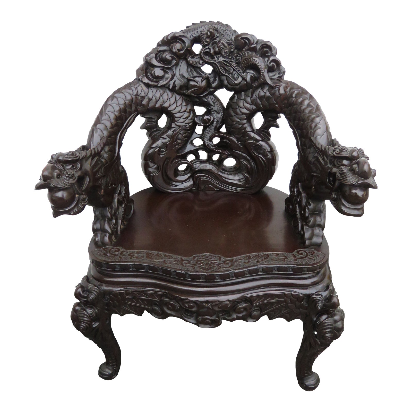 Early 1900s Heavy Hand Carved Chinese Dragon Accent Side Arm Chair ...