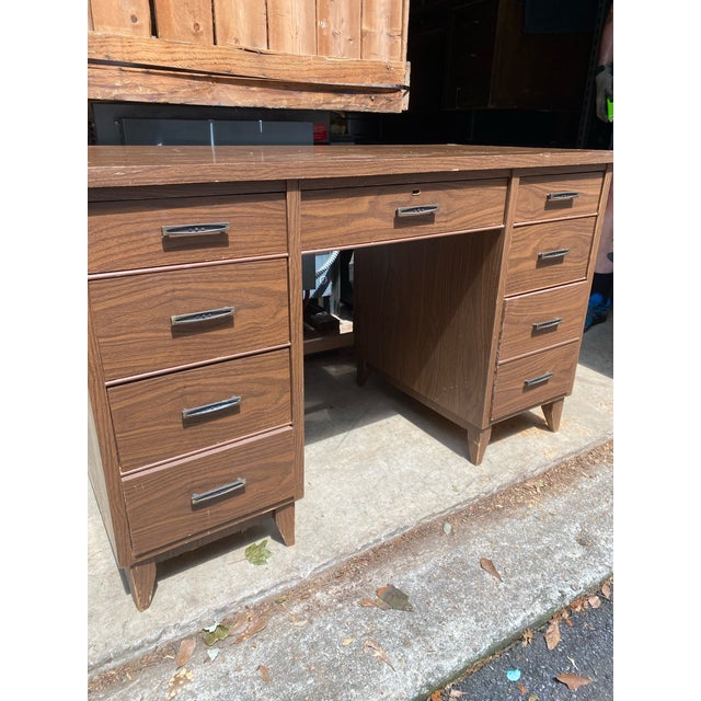 Vintage Solid Wood Partner Desk Featuring Nine Drawers | Chairish