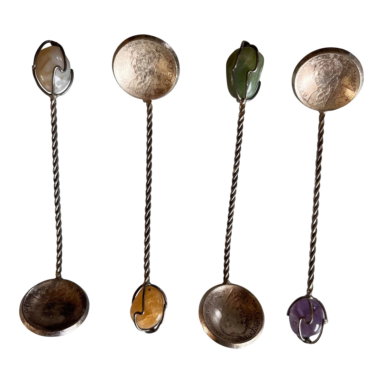 Vintage Brazil Coin Silver Wire Demitasse Spoons With Stone Finials ...