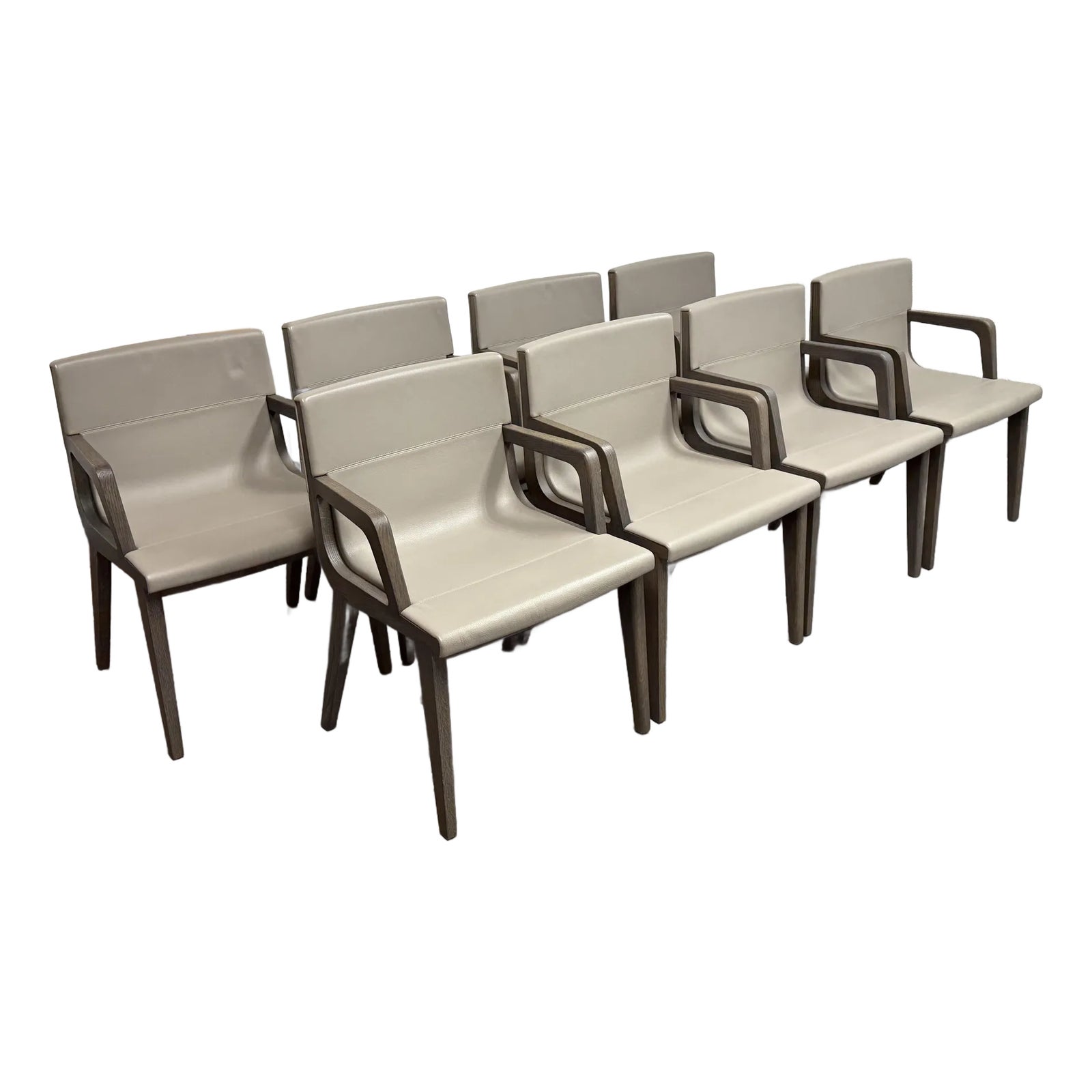 Maxalto Greige Leather + Oak Wood Acanto Dining Arm Chairs, Set of ...