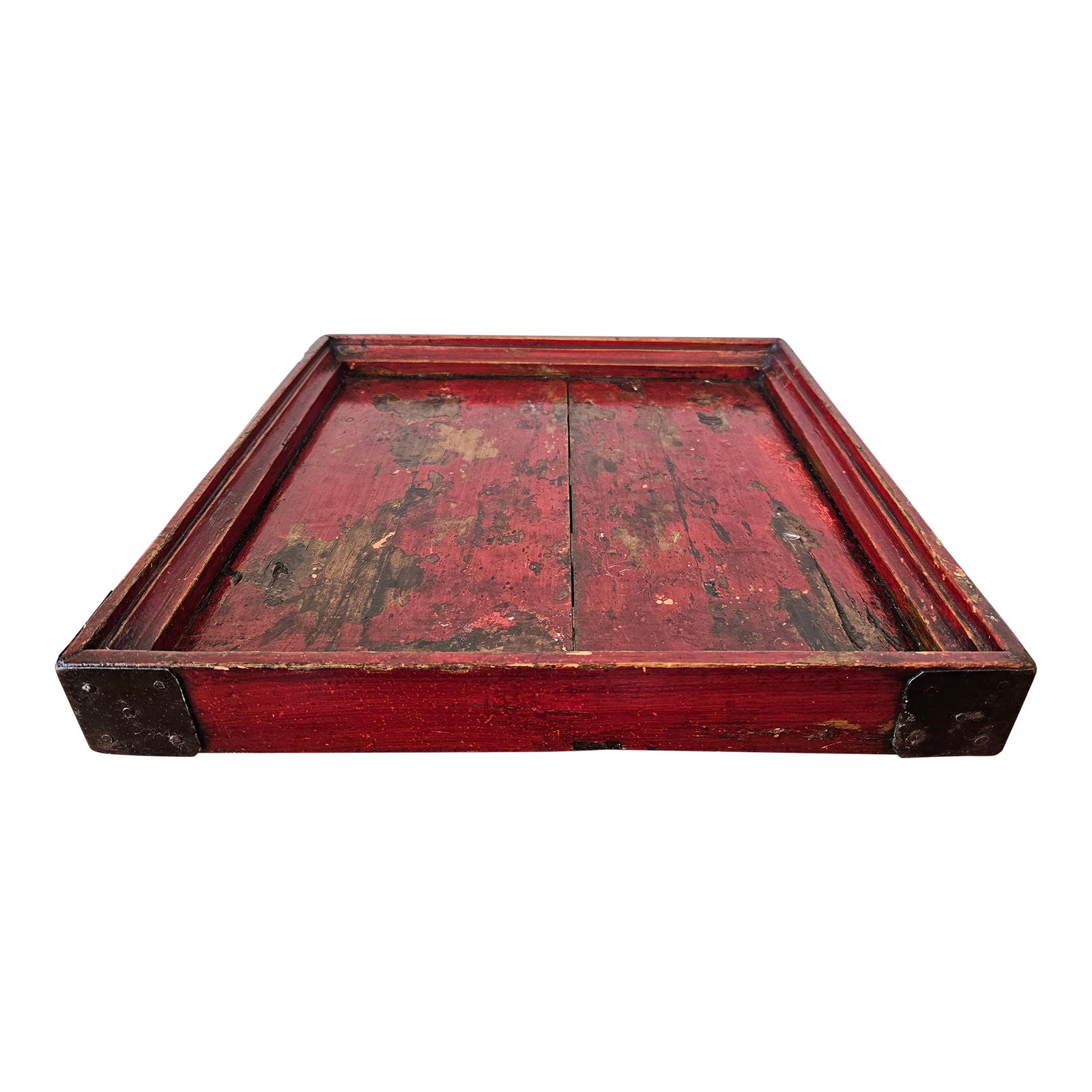 Antique Chinese Wabi-Sabi Iron Mounted Red Lacquer Asian Wood Tray ...
