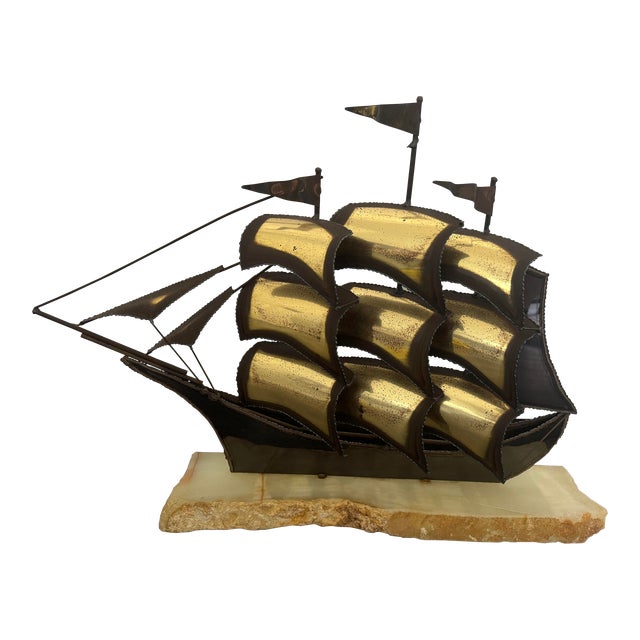 Mid Century Modern Metal and Stone Boat Sculpture | Chairish