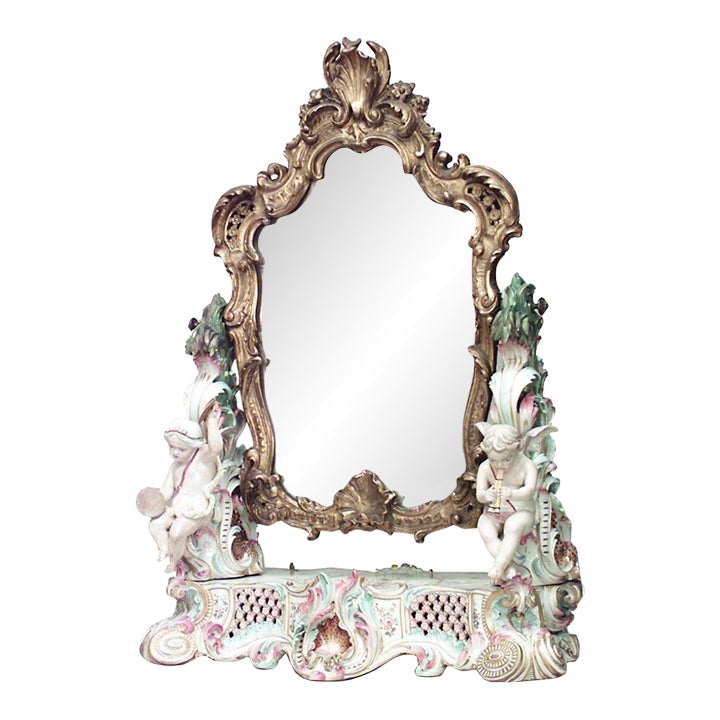 German Meissen Porcelain Cupid Dressing Table / Vanity Mirror | Chairish