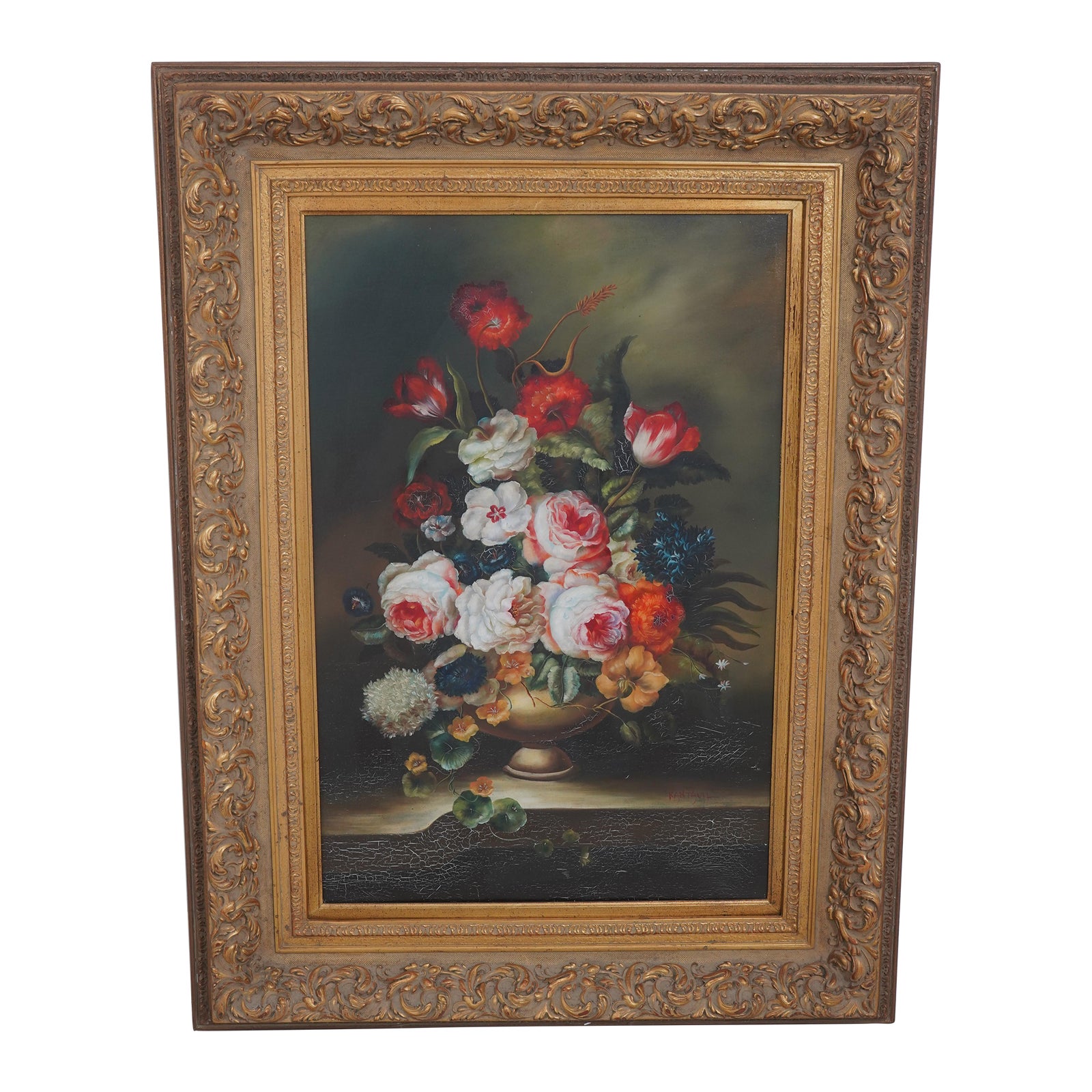Floral Still Life Frame Oil Painting on Canvas Signed | Chairish