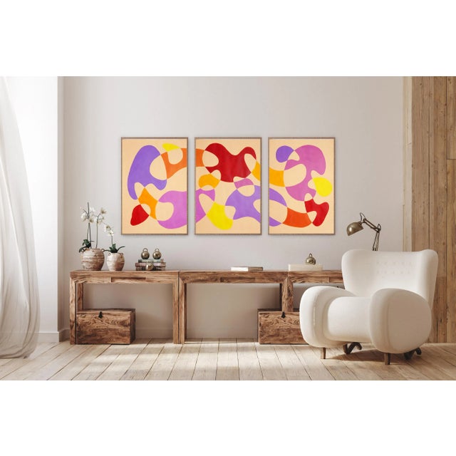 2024, Abstract Mid Century Shapes Triptych of Coral Curves, Acrylic Painting on Watercolor Paper ...