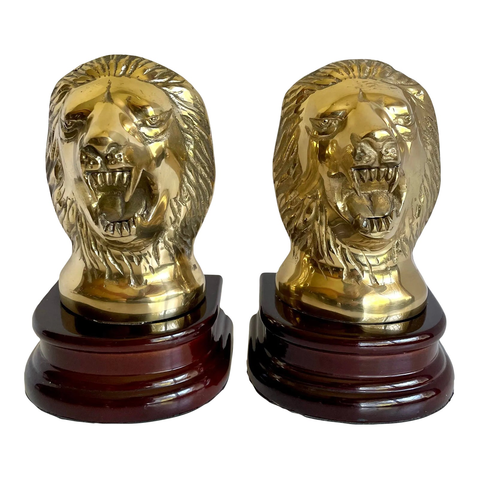 Vintage Brass and Rosewood Lion Bookends | Chairish