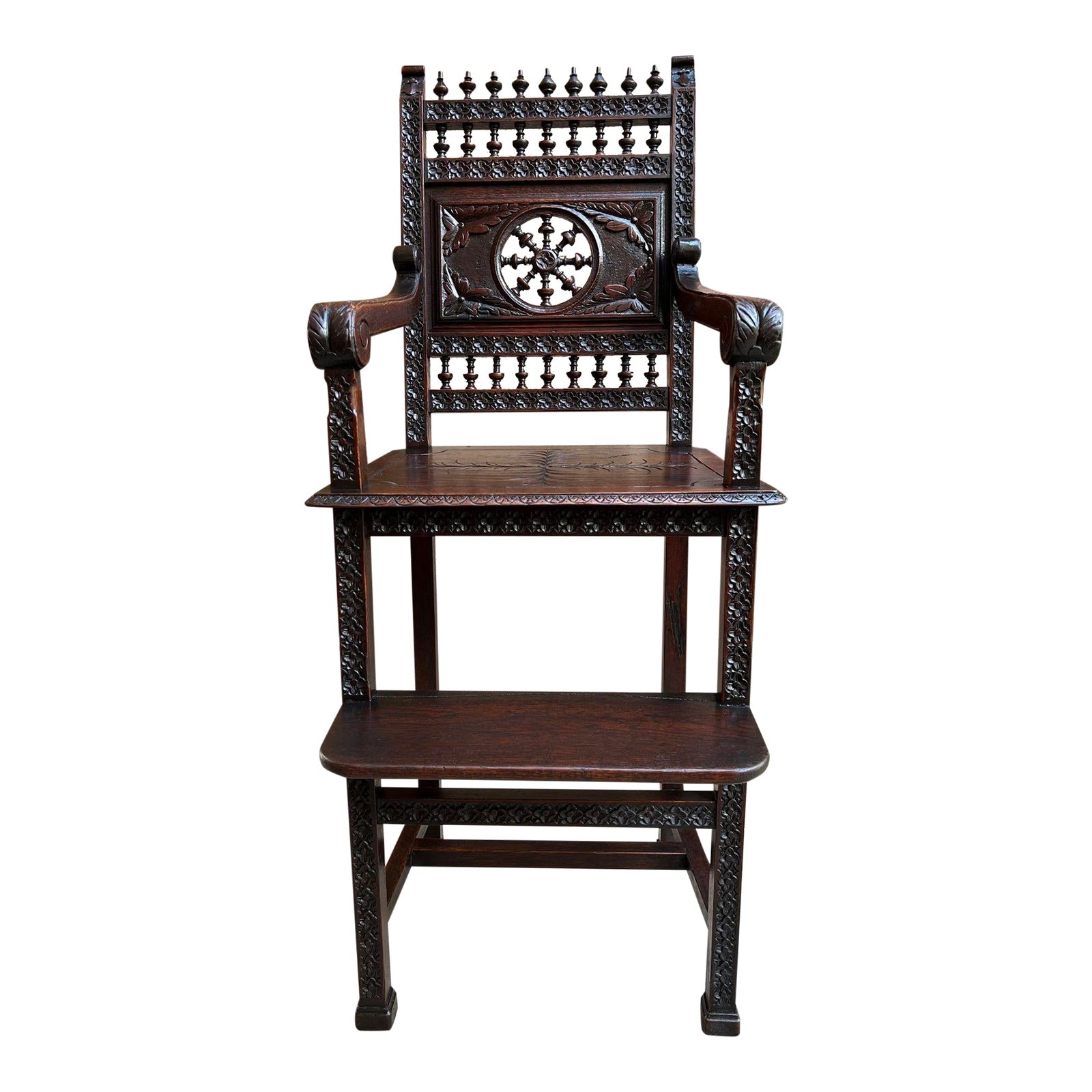 Antique French High Chair Brittany Breton Ship Spindle Carved Dark Oak ...