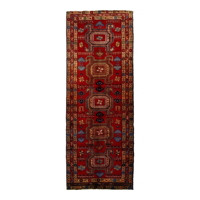 Vintage Runner Rug: Red Wool Persian Heriz With Tribal Pattern 1950s ...