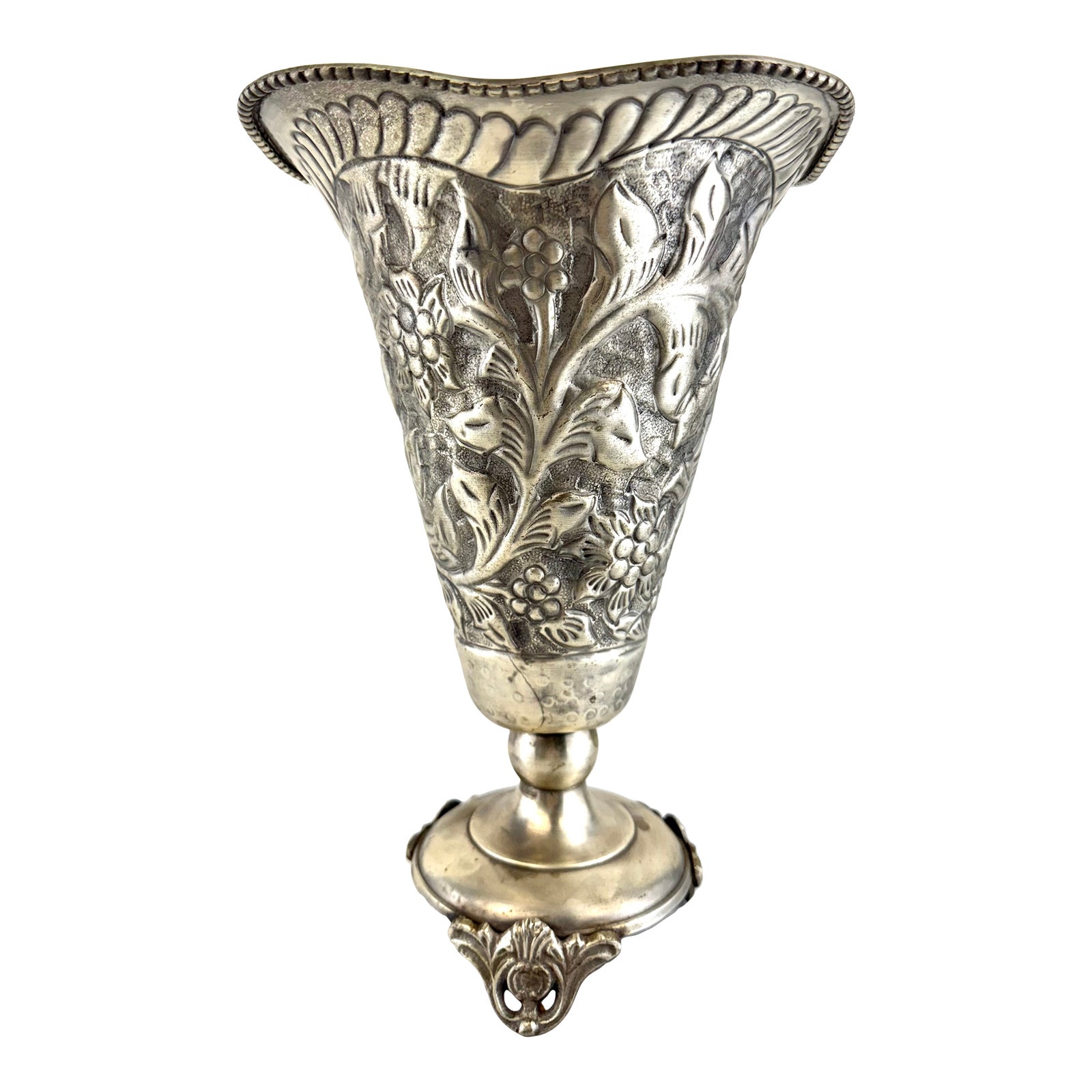 Vintage European Silverplate Repoussé Floral Vase on Ornate Base | Chairish
