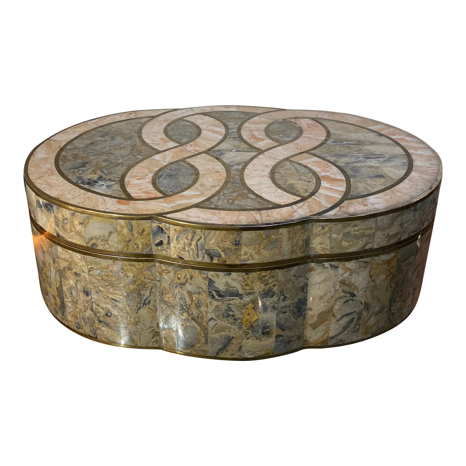 1970s A Tessellated Stone and Brass Clover Shaped Table Box Attributed ...