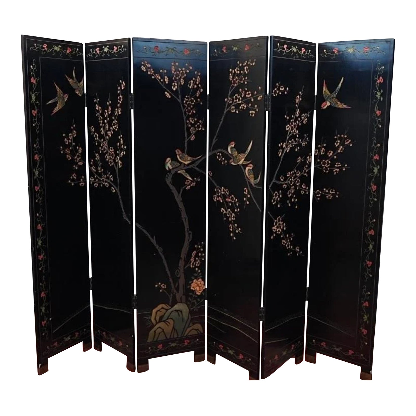 Mid Century 6 Panel Black Lacquer Asian Screen | Chairish