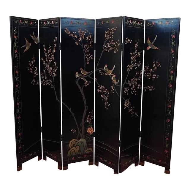 Mid Century 6 Panel Black Lacquer Asian Screen | Chairish