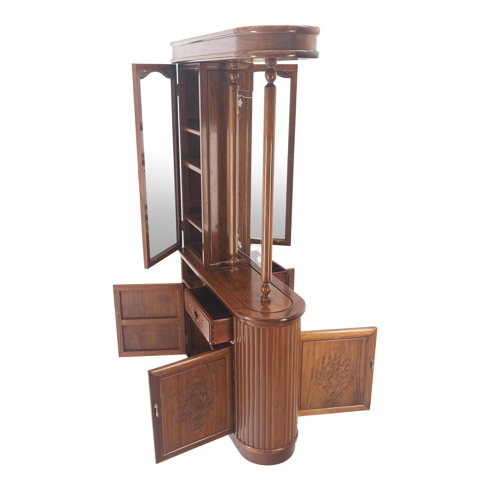 Carved Teak Center Cabinet Room Divider Console Bookcase Shelves Lights ...