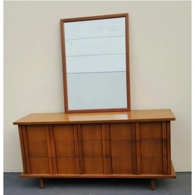 1960s American of Martinsville 9 Drawer Walnut Dresser With Matching Mirror Casegoods Storage