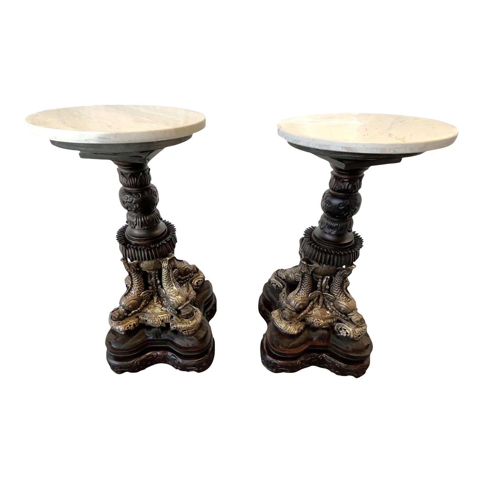 Vintage Dolphin Pedestal Tables Made of Solid Wood, Metal, and Marble ...