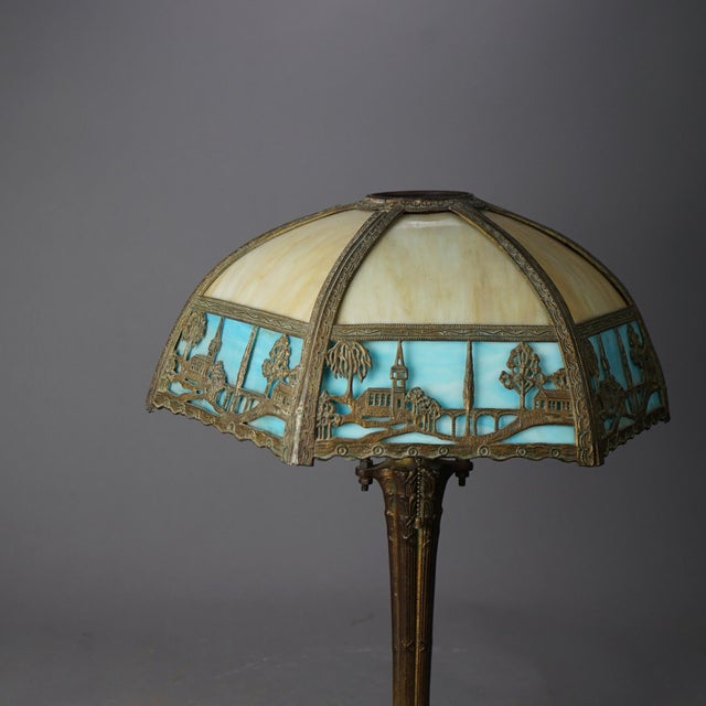 Antique Arts & Crafts Two-Tone Slag Glass Table Lamp, Scenic with ...