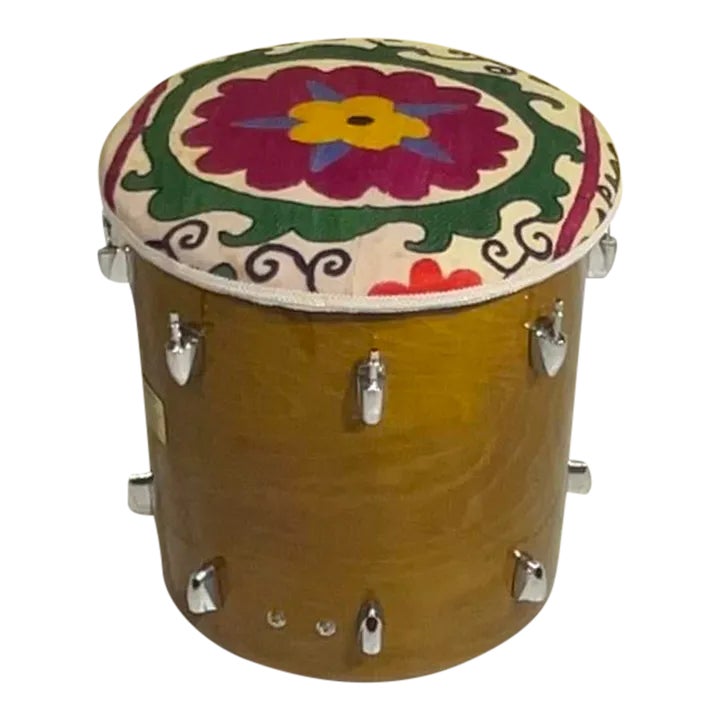 Vintage Suzani Upholstered Drum Wood Stool | Chairish