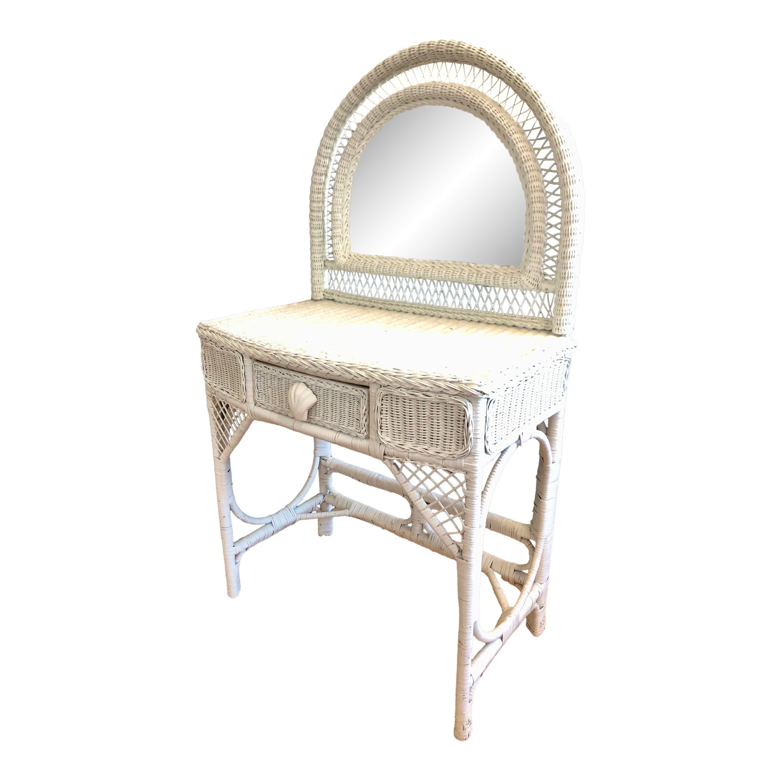 Vintage Wicker Dressing Table Vanity With Arched Mirror | Chairish