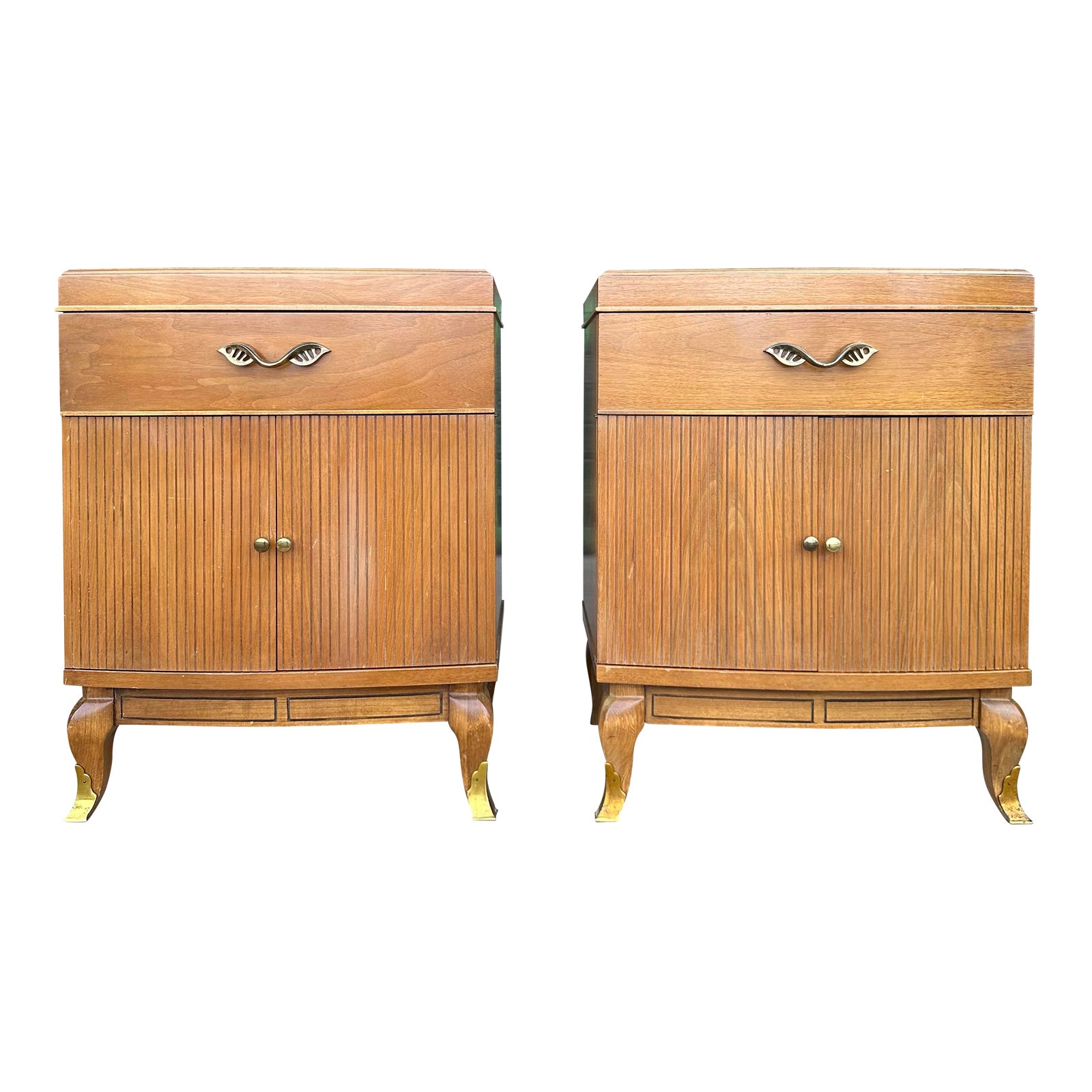 Pair of Rway Nightstands Brass Leaf Pulls and Capped Feet | Chairish
