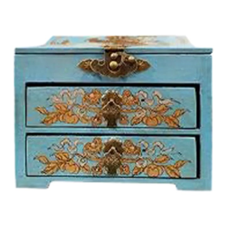 Early 21st Century Asian Cyan Painted Jewelry Box | Chairish