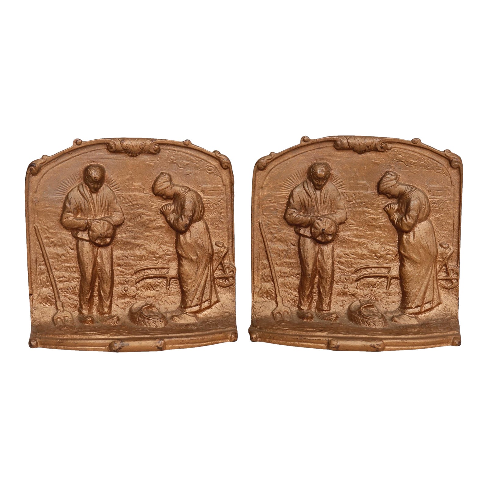 Bronze 'The Angelus Prayer at Harvest' Bookends, a Pair | Chairish
