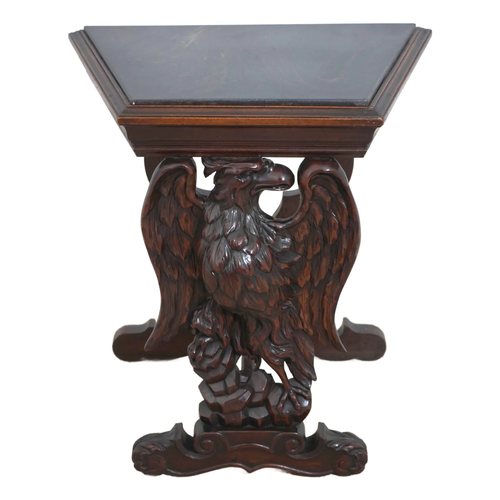 American Eagle Carved Walnut Marble Top Occasional Table | Chairish