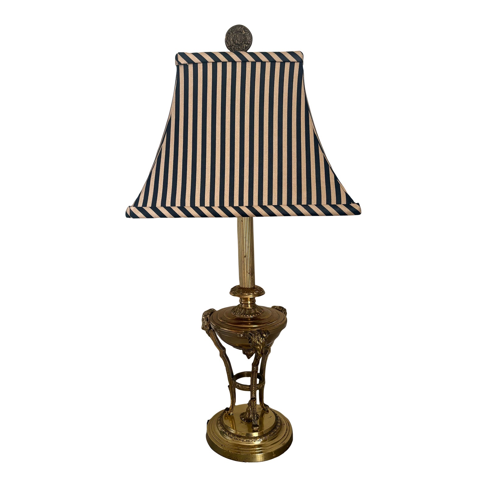 1960s Hollywood Regency Brass Ram Lamp With Silk Striped Shade | Chairish