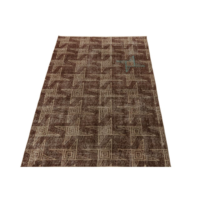 1960s Vintage Art Deco Distressed Rug, Brown, Beige Geometric Pattern ...