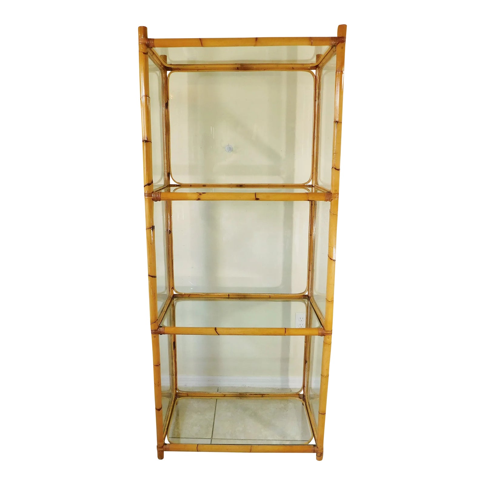 Large Vintage Bamboo & Encased Glass 4 Tier Etagere Book Shelf Rack ...