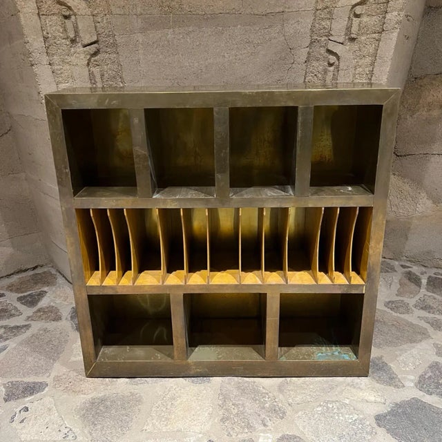 1980s Custom Sectioned Storage Case Rustic Wood Wrapped in Brass | Chairish
