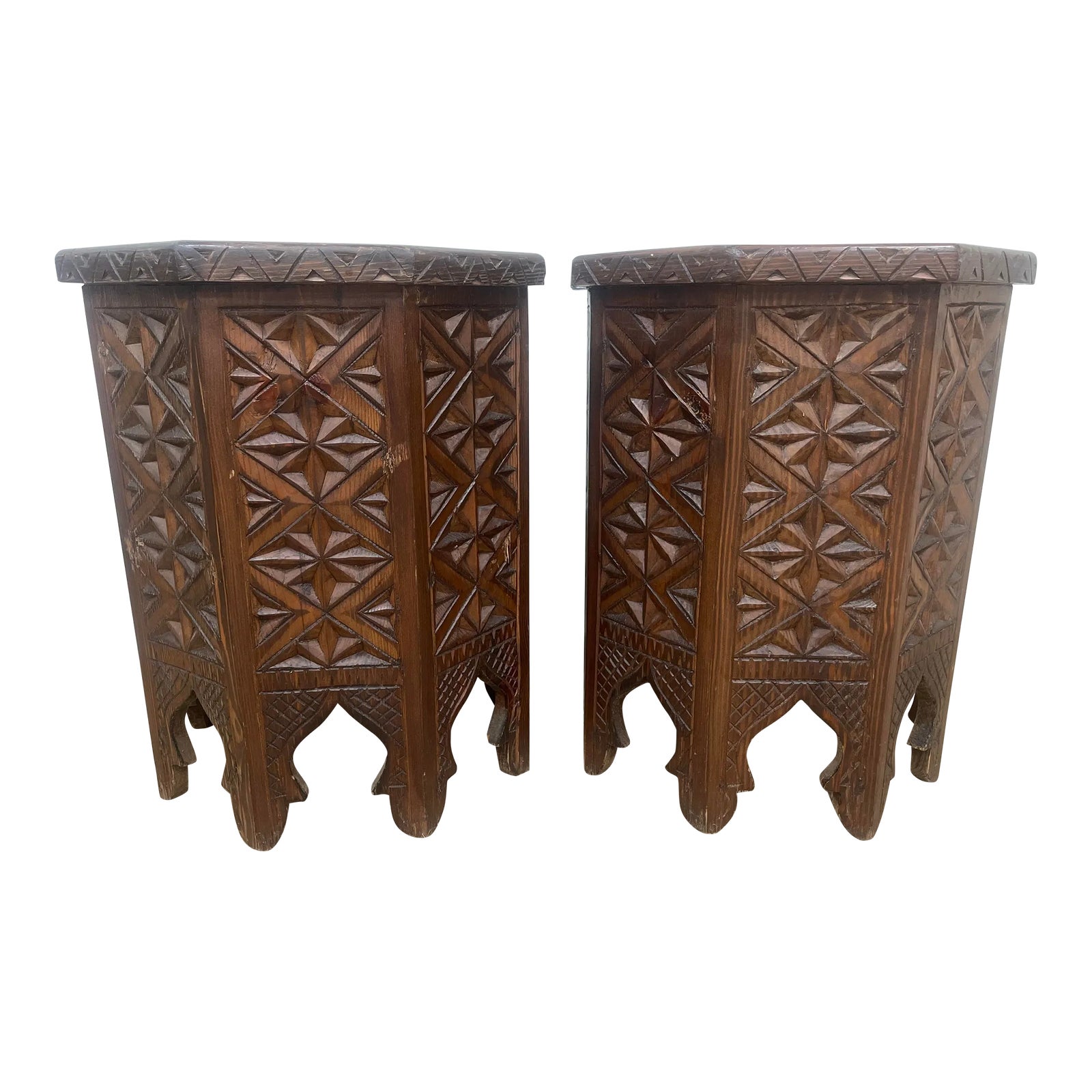 Octagon Moroccan Carved Wooden Side Tables- Pair WithGlass | Chairish