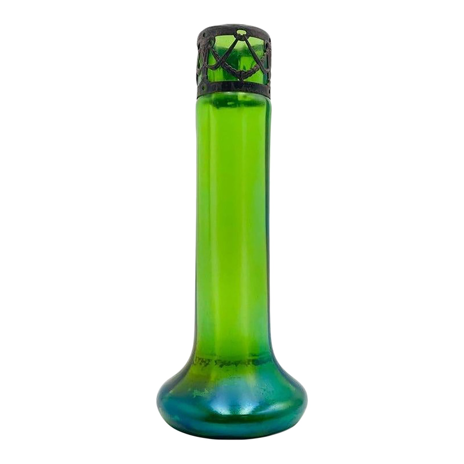 Early 20th Century Iridescent Green Glass Vase With Decorative Metal ...
