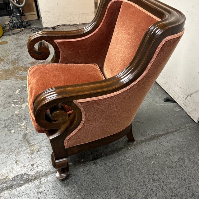 Antique Wood + Mohair Scrolled Arm Chair | Chairish