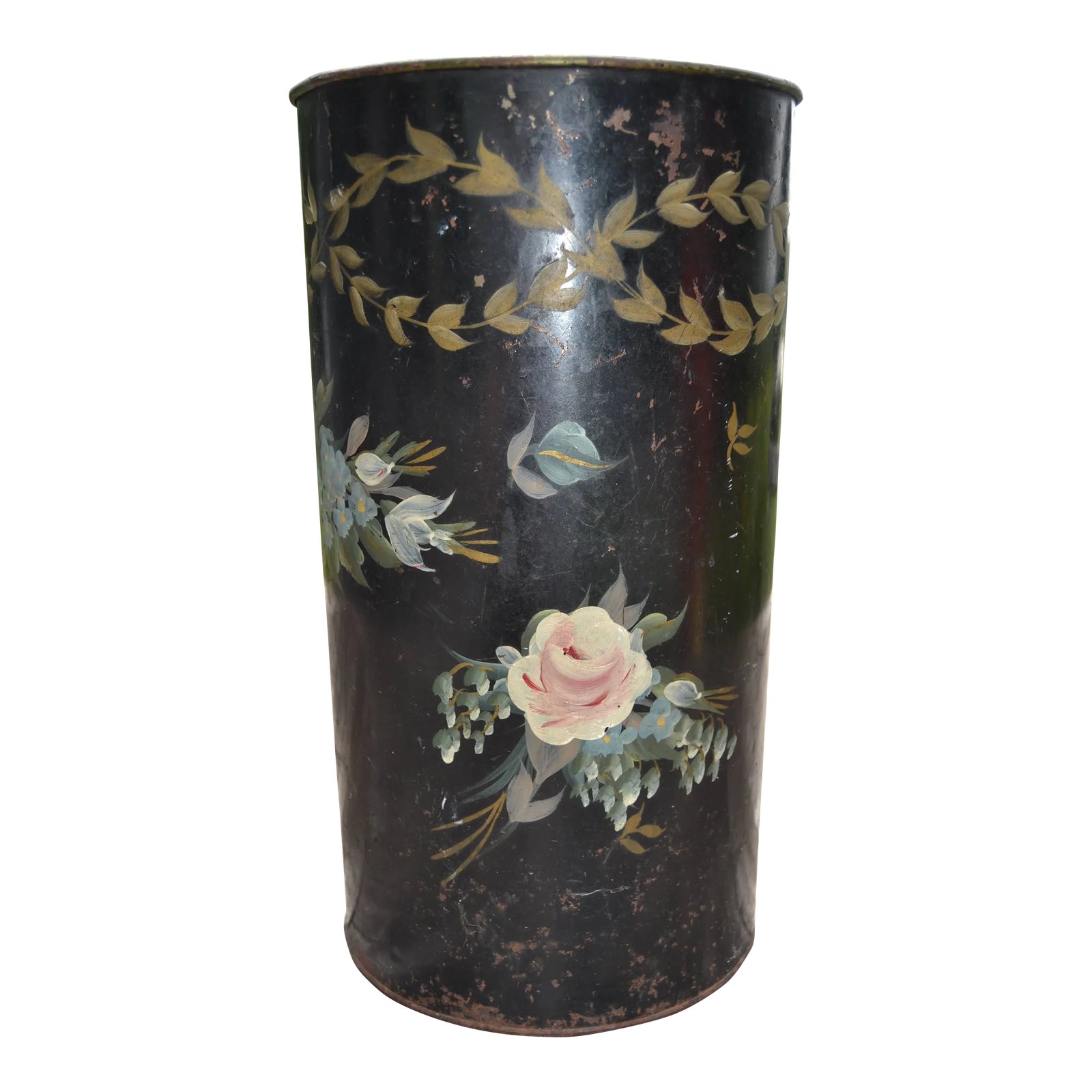 Antique Floral Hand Painted Tin Toleware Vessel | Chairish