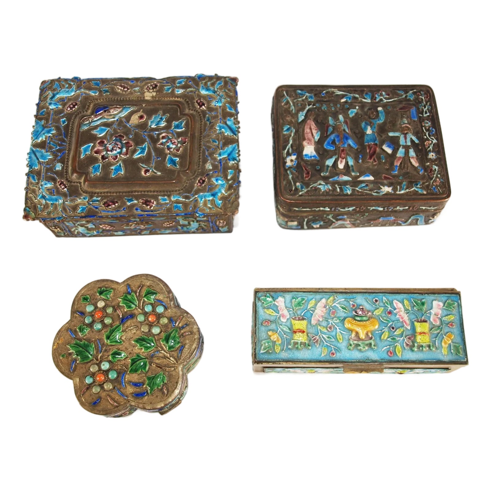 Early 1900s Antique Collection of 4 Metal and Enamel Boxes for Export ...