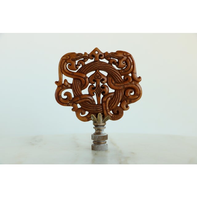Asian Scroll Carved Stone Lamp Finial on Limed Bronze Hardware | Chairish