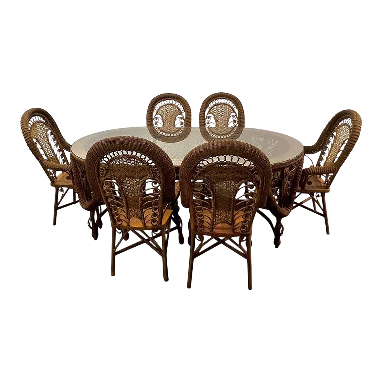 Wicker Dining Room Table with 6 Wicker Chairs - Set of 7 | Chairish