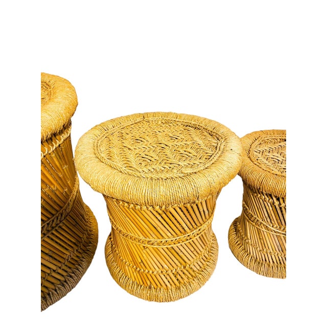 1970s Mid-Century Modern Spiral Cane & Woven Sisal Nesting Stools, Set ...