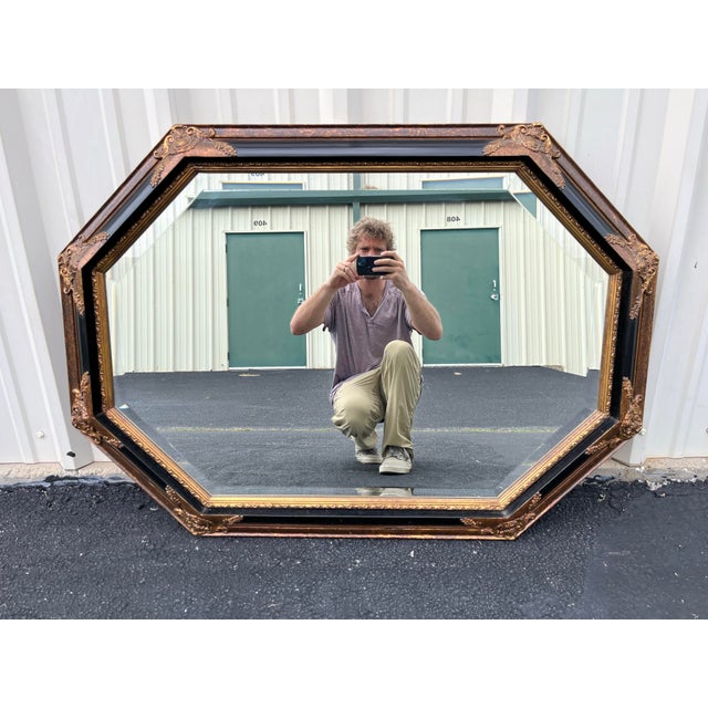 1980s Carolina Mirror Company Octagonal Black and Gold Beveled Glass ...