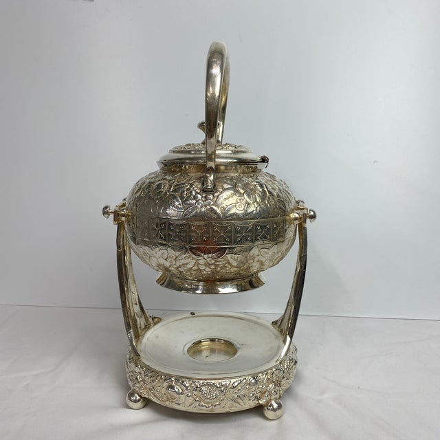 Antique Adelphi Silver Plate Repousse Tea Kettle on Stand | Chairish