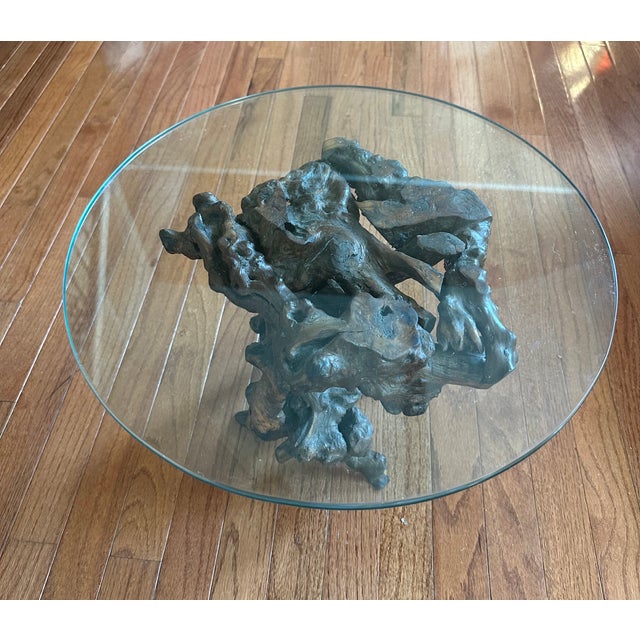 1980s Small Rustic Wooden Tree Root Side Table With Glass Top | Chairish