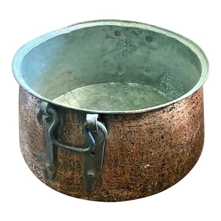 Large Antique Hammered Copper Cauldron With Hand Wrought Iron Handles ...