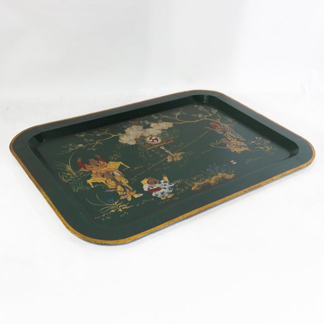 Vintage Dark Green Lacquer Rectangular Tray With Hand Painted Gold ...