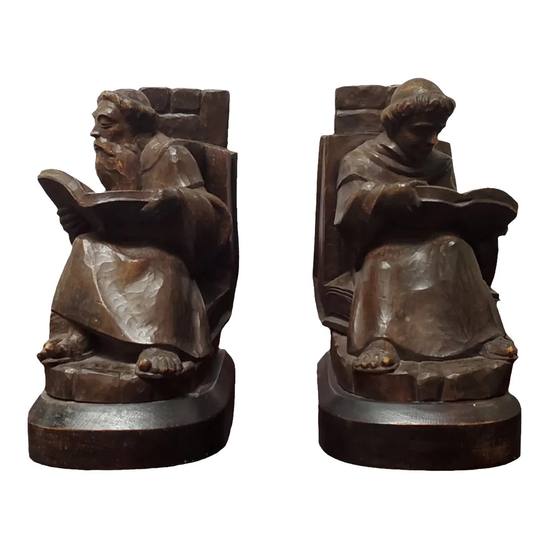 Early 20th Century Hand Carved Monks Reading the Bible Bookends - Set ...