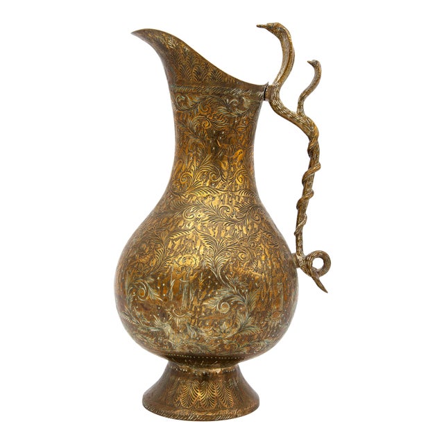 Vintage Brass Etched Pitcher With Snake Handle | Chairish