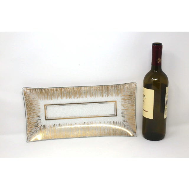 Mid-Century Rectangular Glass Bowl With Gold Lines Motif | Chairish