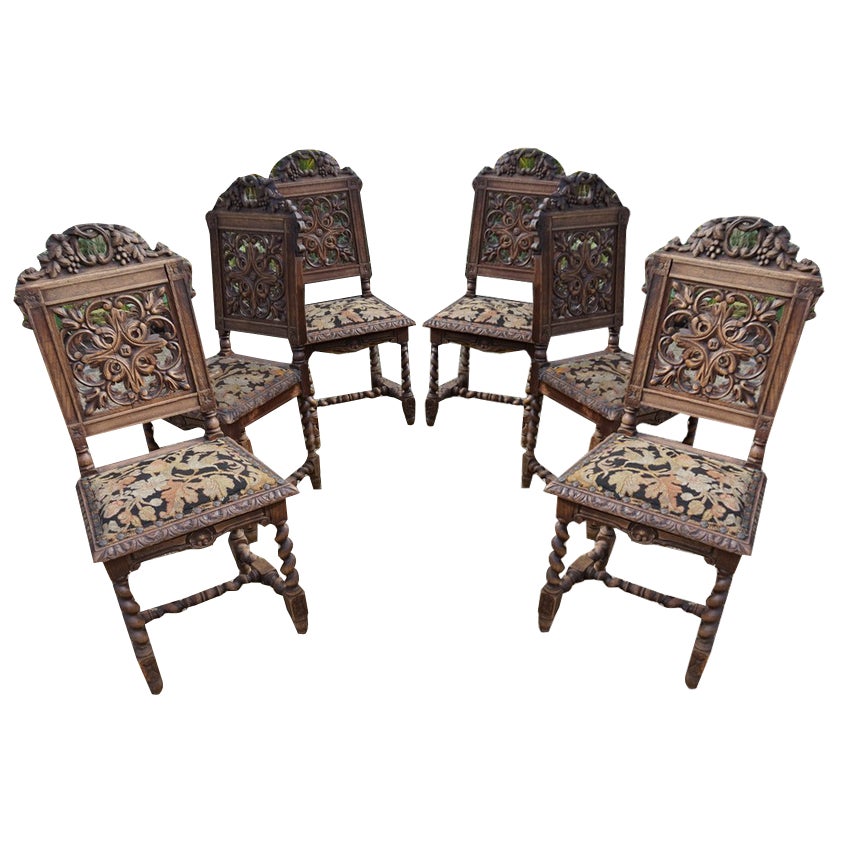 Renaissance Revival Carved Oak with Grapes Castle Dining Chairs, 19th ...