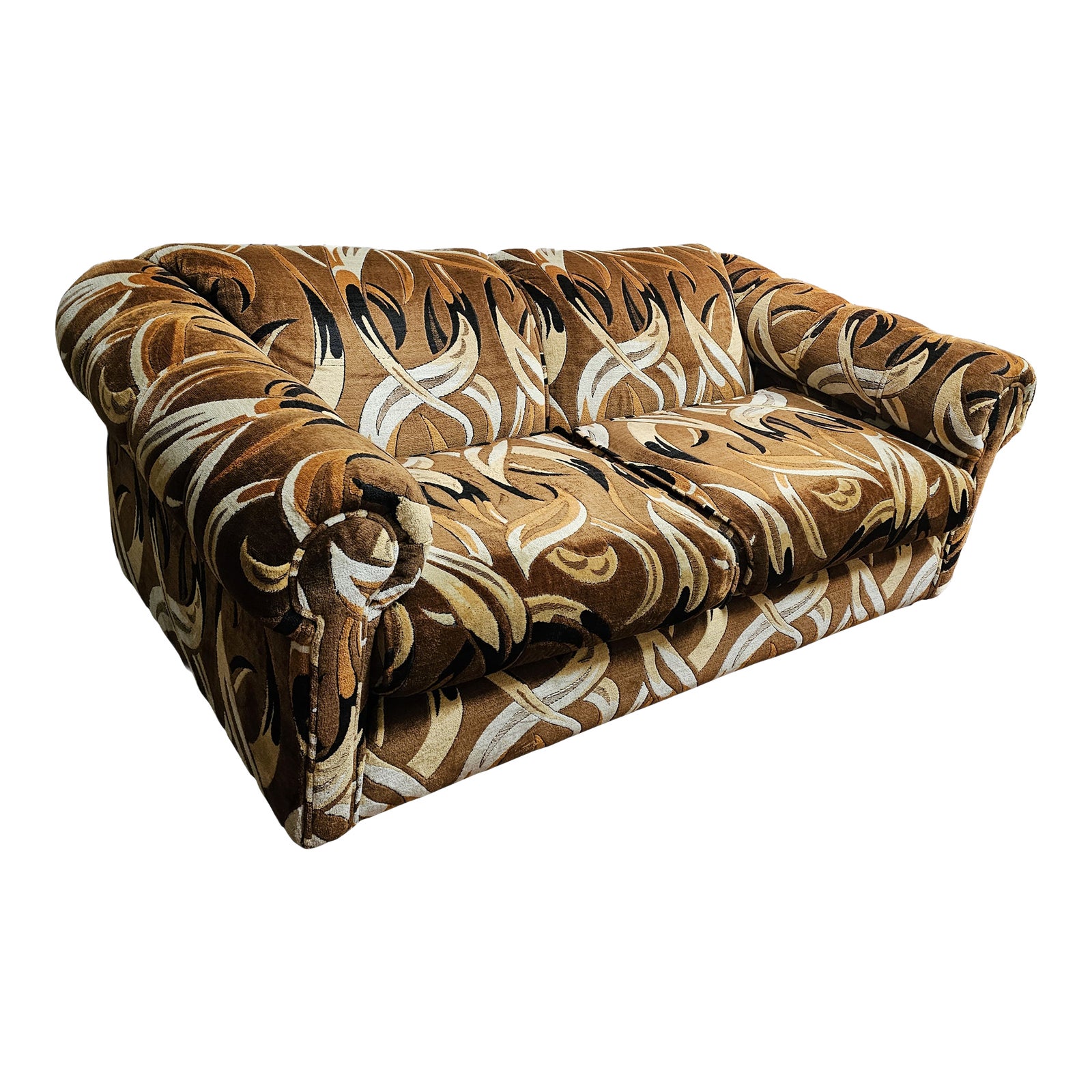 80s Postmodern Feather Patterned Velvet 2 Seat Even Arm Loveseat Settee ...