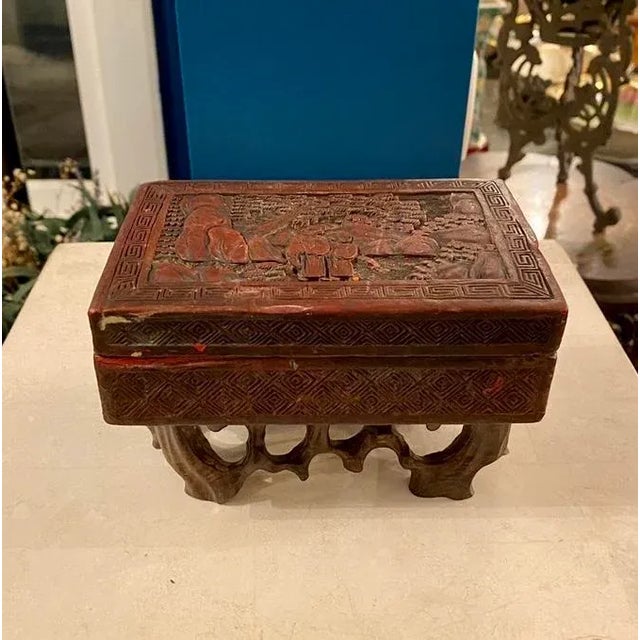 Antique Chinese Cinnabar Box on a Carved Wooden Stand | Chairish