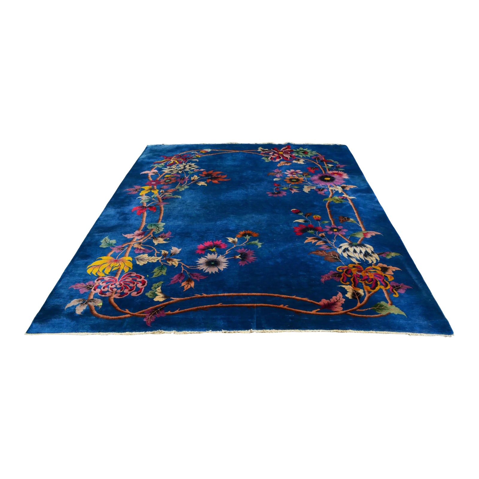 Antique 1900s Bright Blue Background Rug | Chairish